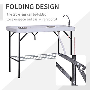 Outsunny Folding Fish Cleaning Table with Sink, Portable Camping Table with Faucet Drainage Hose, Grid Rack and Fish Cleaning Kit for Picnic, Fishing, 50"