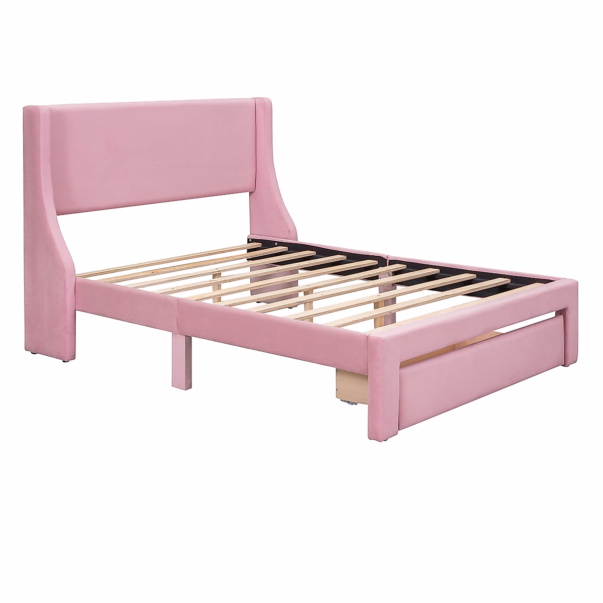 Anwickhomk Queen Size Fabric Upholstered Platform Bed Frame, Modern Upholstered Platform Bed with Headboard, with Big Storage Drawer,Heavy Duty Bed Frame with Wood Slat Support, Pink