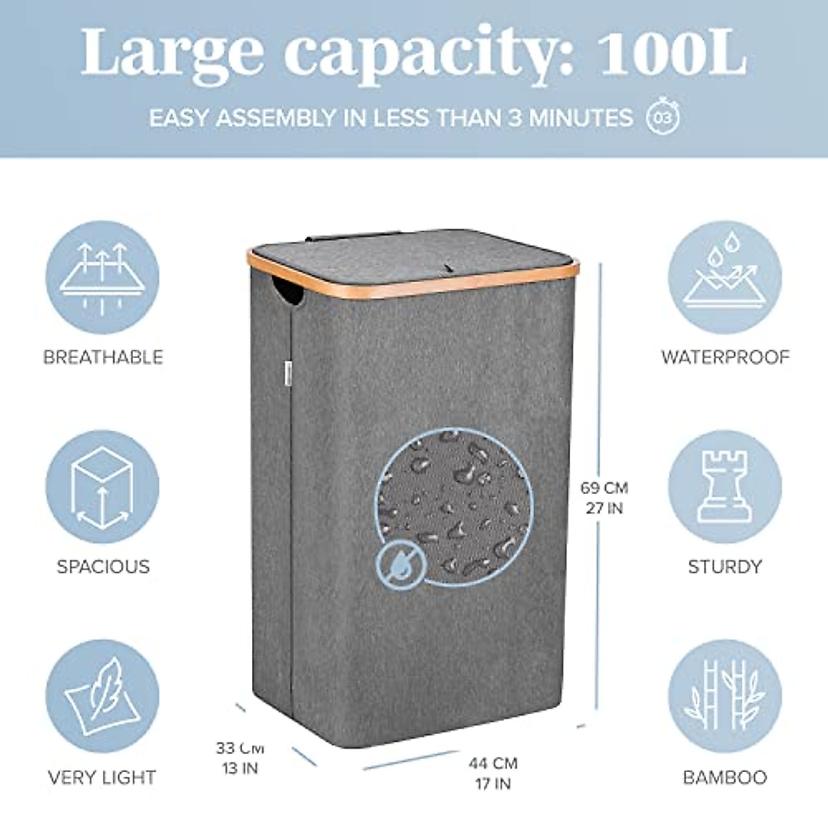 Lonbet - Grey Laundry Hamper with Lid - XL 100 L - Large Hampers for Laundry with Handles - Laundry Baskets with Lid for Bedrooms - Bamboo Bathroom Tall Laundry Bin
