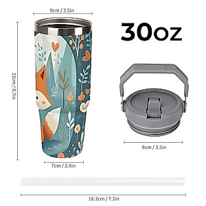 Fox And Heart 30oz Stainless Steel Insulated Tumbler with Straw & Foldable Handle - Leakproof, Double-Wall Vacuum Travel Thermos for Hot/Cold Drinks, Non-Slip Base, Fit Cup Holders