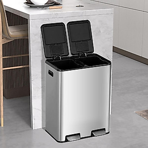 Trash Can,Stainless Steel Trash Can with Hinged Lids,Dual Trash and Recycling Bins for Kitchen,60 Liter(2x30L) 16 Gallon,Foot Pedals Garbage Can,Soft Close,Side Handles