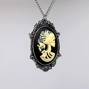 Real Metal Gothic Lolita Skull Cameo in Pewter Frame Pendant Necklace