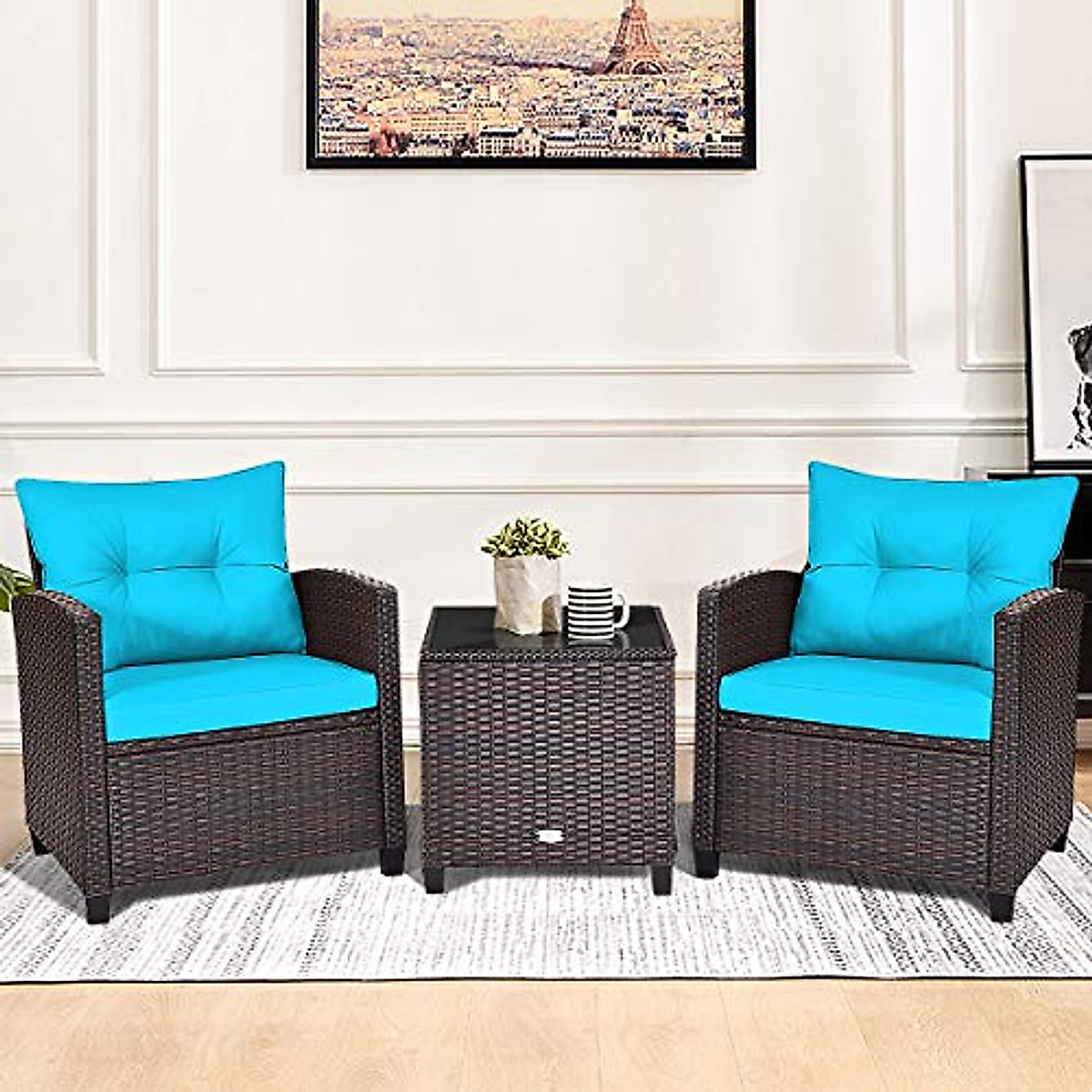 HAPPYGRILL 3-Piece Patio Furniture Set Outdoor Rattan Wicker Bistro Sofa Set Conversation Furniture with Cushion & Table