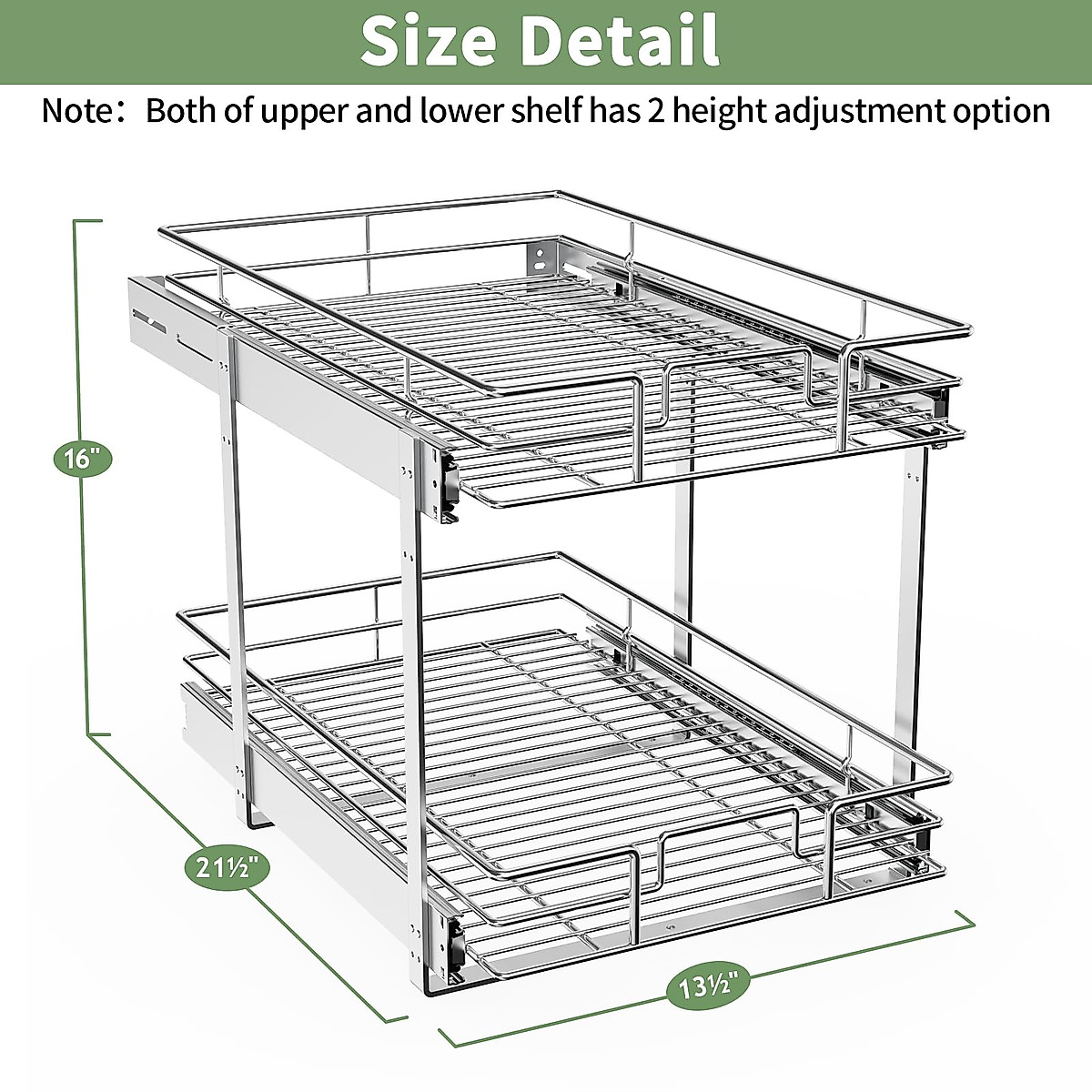 ROOMTEC Pull Out Cabinet Organizer (13½"W x 21½"D),2 Tier Pull Out Storage Shelf Drawer Basket,Sliding Shelves for Base Cabinet Organization in Kitchen, Bathroom, Pantry