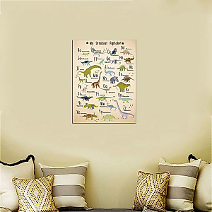 Cute Animal Dinosaur Alphabet Kid Educational Chart Boys Room Canvas Wall Art for Nursery Kids Children Play Room Wall Decor Retro Parchment paper Style Framed 12x16inch