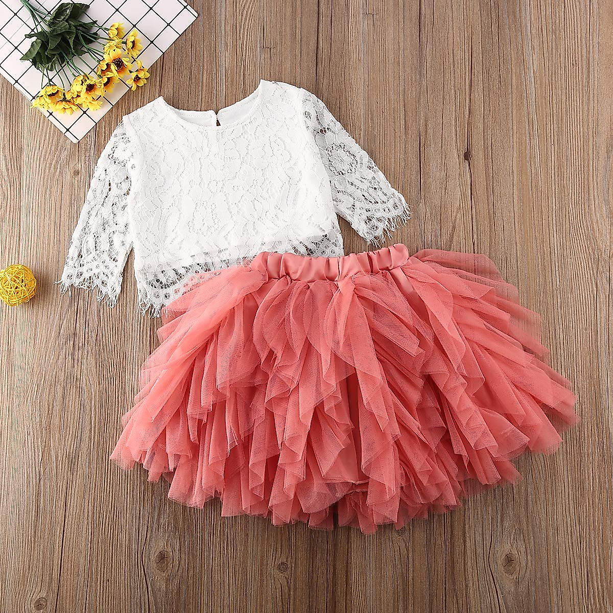 Goelsakurara 2PCS Kids Baby Girl Lace Hollow T-Shirt Tops+Tutu Skirt Toddler Ruffle Layers Dresses Outfits Birthday Party Pink, 3-4T