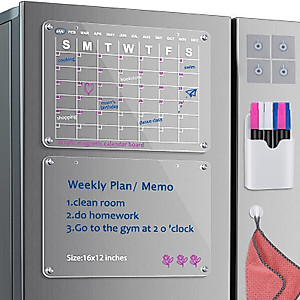 Acrylic Magnetic Dry Erase Board,MOOACE Adhesive Calendar Planner Board for Fridge and Wall Set of 2,Includes 6 Magnetic Markers with 3 Colors,Pen Holder,Clean Cloth and Self Adhesive Wall Hooks