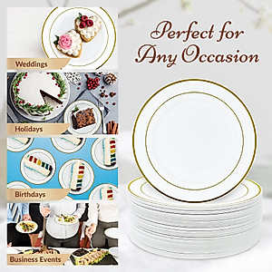 Reli. 50 Pcs Plastic Dessert Plates, Disposable (7.5 inch, White w/Gold Rim) | Small Plates for Party, Heavy Duty | Hard Plastic, for Dessert, Wedding, Birthday, Salad/Appetizer (7.5")