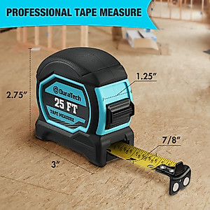 DURATECH Magnetic Tape Measure 25FT with Fractions 1/8, Retractable Measuring Tape, Easy to Read Both Side Measurement Tape, Magnetic Hook and Shock Absorbent Case for Construction, Carpenter
