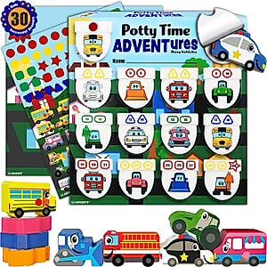Potty Time Adventures Potty Training Chart for Toddlers by Lil ADVENTS - 14 Wooden Stacking Block Toys - Potty Training Advent Game, Behavior Reward Chart, Car Stickers, Activity Board - Busy Vehicles