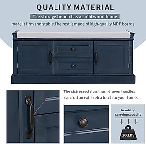 KLIECH Storage Removable Cushion 2 Drawers and 2 Cabinets,Wooden Shoe Bench for Hallway Entryway Living Room,Antique Navy, 1