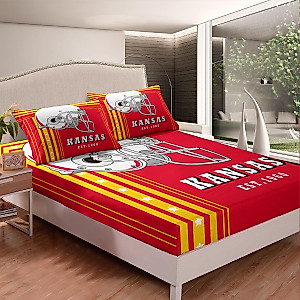Erosebridal American Football Sheet Set Rugby Decor Sports Game Bed Sheets Set Full, Boys American Football City Sheets Red Yellow White Stars Stripes Top Fitted Sheet 4Pcs (Kansas)
