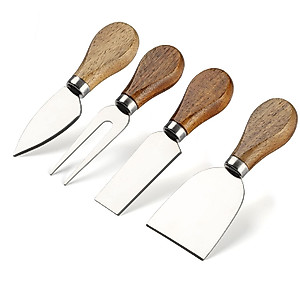 4-Piece Cheese Knife Set Butter Spreader Knives for Charcuterie Board, Acacia Wooden Handle Stainless Steel Cheese Knives with Cheese Slicer Cheese Cutter Cheese Shaver Cheese Fork