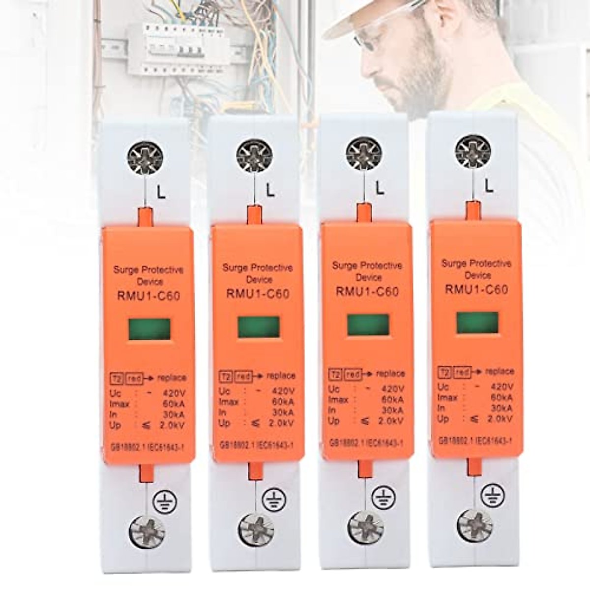 4Pcs 1P Surge Protective Device, Orange DIN Rail Mounting SPD House Arrester Protector Device for AC 420V RMU1‑C20/40/60(Imax：60kA)