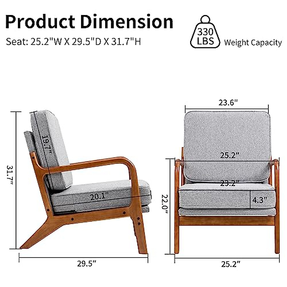 WQSLHX Upholstered Modern Accent Chair, Linen Fabric Lounge Reading Armchair with Wooden Frame, Comfortable Leisure Reception Chair for Living Room, Bedroom (Gray)