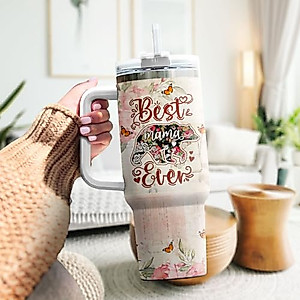 Mama Bear Floral Inspiration, Tumbler 40 Oz With Handle Lid And Straw, Mama Bear Gifts, Mom Flower Cups To Funny Yellow For Eleven Water Steel Handle Straws Modern