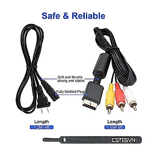 Power Cord and AV Cable for PS1 PS2 PS3, AC Power Cord and AV Cable Compatible with Playstation 1 2 3, 2 Prong Power Supply & Audio Video RCA AV Cable Replacement Set