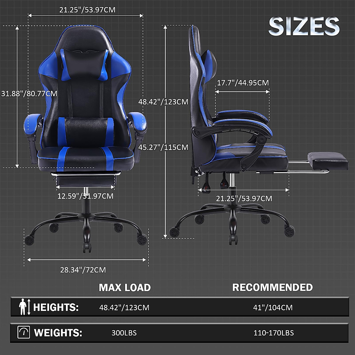 HOTOSYCH Gaming Chair, Ergonomic Video Game Chair for Adults, Comfortable Computer Chair with Footrest and Lumbar Support, Height Adjustable Gamer Chair for Office 350LBS, Blue
