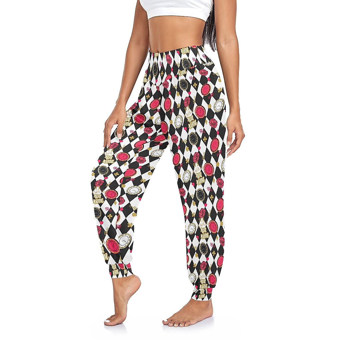 Fustylead Alice Chess Board Women's Smocked Waist Yoga Boho Harem Pants Joggers Athletic Pants