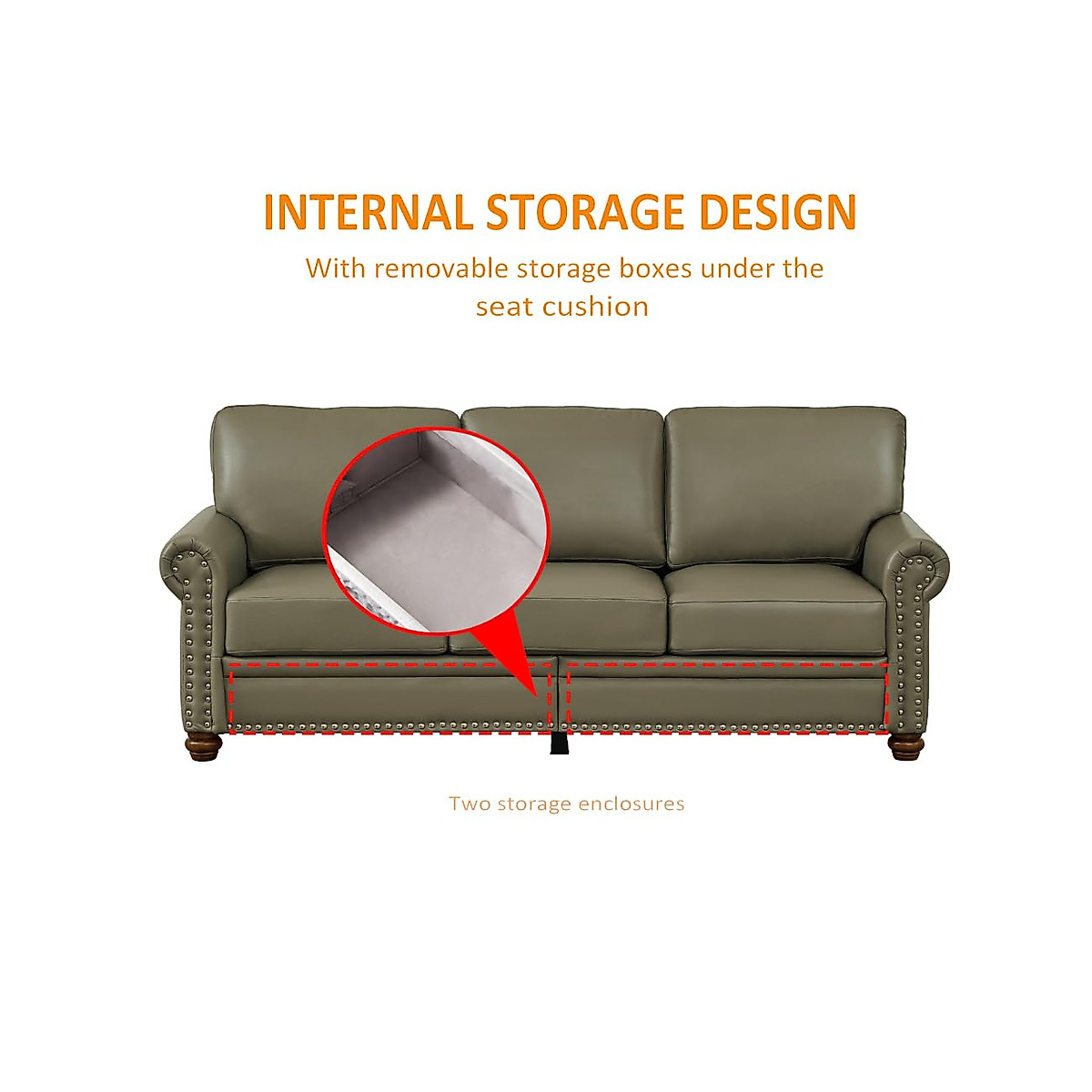 DNChuan Faux PU Leather 3 Seater Sofa Couch with Rubber Wood Legs/Nail-Shape and Removable Storage Boxes for Living Room Apartment Office-Gray