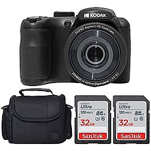 Kodak PIXPRO AZ255 Digital Camera + SanDisk 32GB Memory Card (2) + Digital Camera/Video Case (Black)