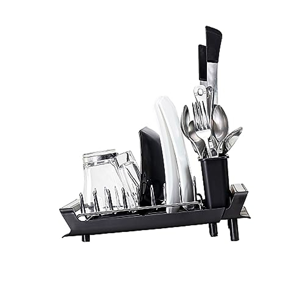 Erreke Small Dish Drying Rack, Compact Dish Drying Rack, Small Dish Rack, Drains into Sink, Non-Slip Feet, Expandable Adjustable Size 11x8 inches (Black)