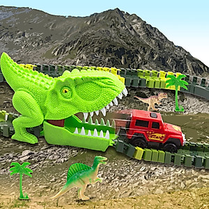 288 Pcs Dinosaur Race Car Tracks Set for Kids,Flexible Train Tracks to Create A Dino World Road with Bridge, 2 Electric Race Cars Best Gift for Toddlers Boys and Girls