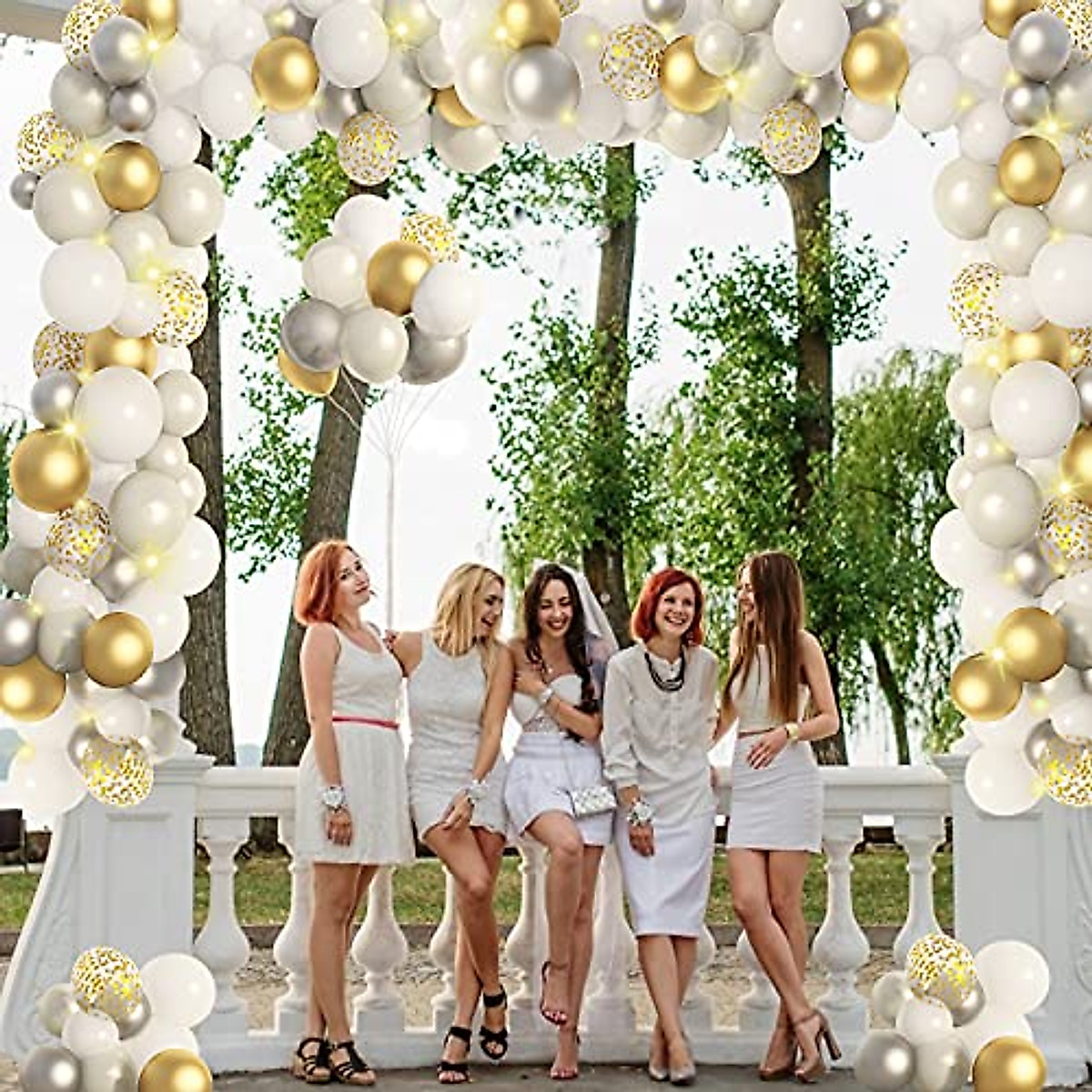 White Balloon Garland Kit with String Lights White Backdrop Curtain, Silver White and Gold Confetti Pearlescent Latex Balloons for Baby Shower Wedding Birthday Party Decorations
