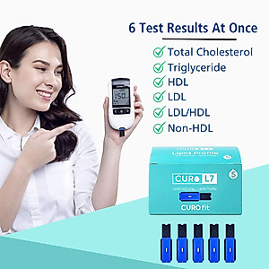 CURO-L7 Professional Grade Blood Cholesterol Testing with Home KIT - All-in-One Test Device, Test Strips 5ea, Lancets, and EziTube Rod Included