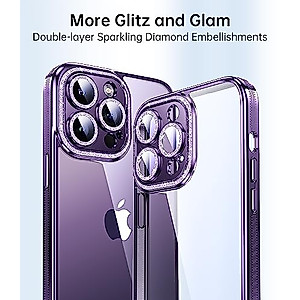 JAZZCAMEL for iPhone 14 Pro Max Case with Onepiece Glitter Camera Protector,Military Anti-Slip Gear Line, Military Drop Protection, Slim Luxury for Women Girls Men Clear Phone Case 6.7'' - Purple