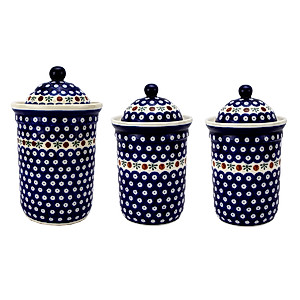 Polish Pottery Market 3-Piece Kitchen Canister Set - Handcrafted by Zaklady Boleslawiec – Polish Stoneware Canisters - Set Includes one large canister (80 oz) and two medium canisters (45 oz each)