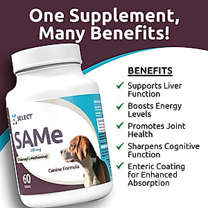 K9 Select SAM-e for Medium and Large Adult Dogs, 60 Tablets, 200mg Active S-Adenosyl L- Methionine, Cognitive and Liver Support Supplement for Dogs, Nutritional Support for Revitalisation