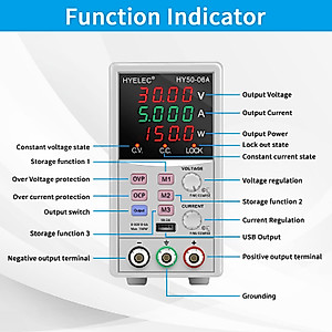 HYELEC DC Power Supply,50V 6A 150W Switching Regulated Bench Power Supply with Memory, 4-Digit LED Display, 110V Input Voltage, 5V2A USB Interface, Coarse and Fine Adjustments