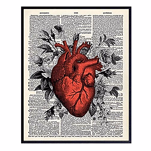 Retro Floral Heart Dictionary Art Print - Vintage Upcycled Wall Art Poster and Home Decor for Bedroom, Bathroom, Living Room, Nurses, Doctors Office - Great Gift for Goth, Steampunk Fans - 8x10 Photo