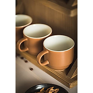 YHOSSEUN 11 Oz Coffee Mug Set Porcelain Stackable Mug with Stand and Metal Spoon - Tea Cups Demitasse Cups for Drinks, Espresso, Latte - Porcelain Stackable Coffee Mugs with Rack Set of 4, Brown
