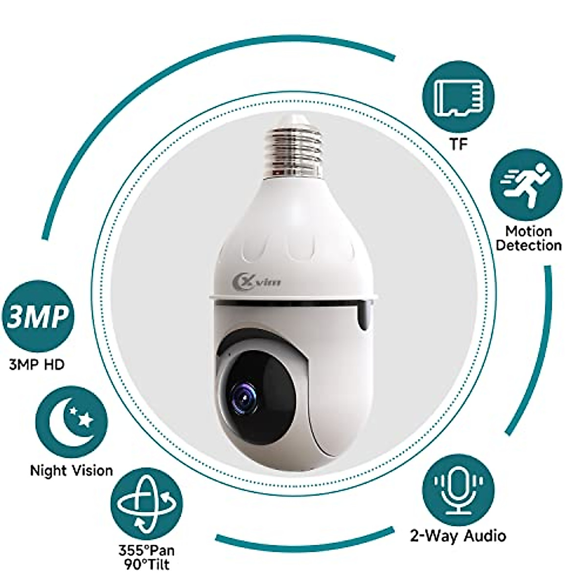 XVIM 3MP Light Bulb Security Camera, WiFi Home Light Bulb Camera, 360° Degree Pan/Tilt View Night Vision, Indoor/Outdoor, Motion Detection