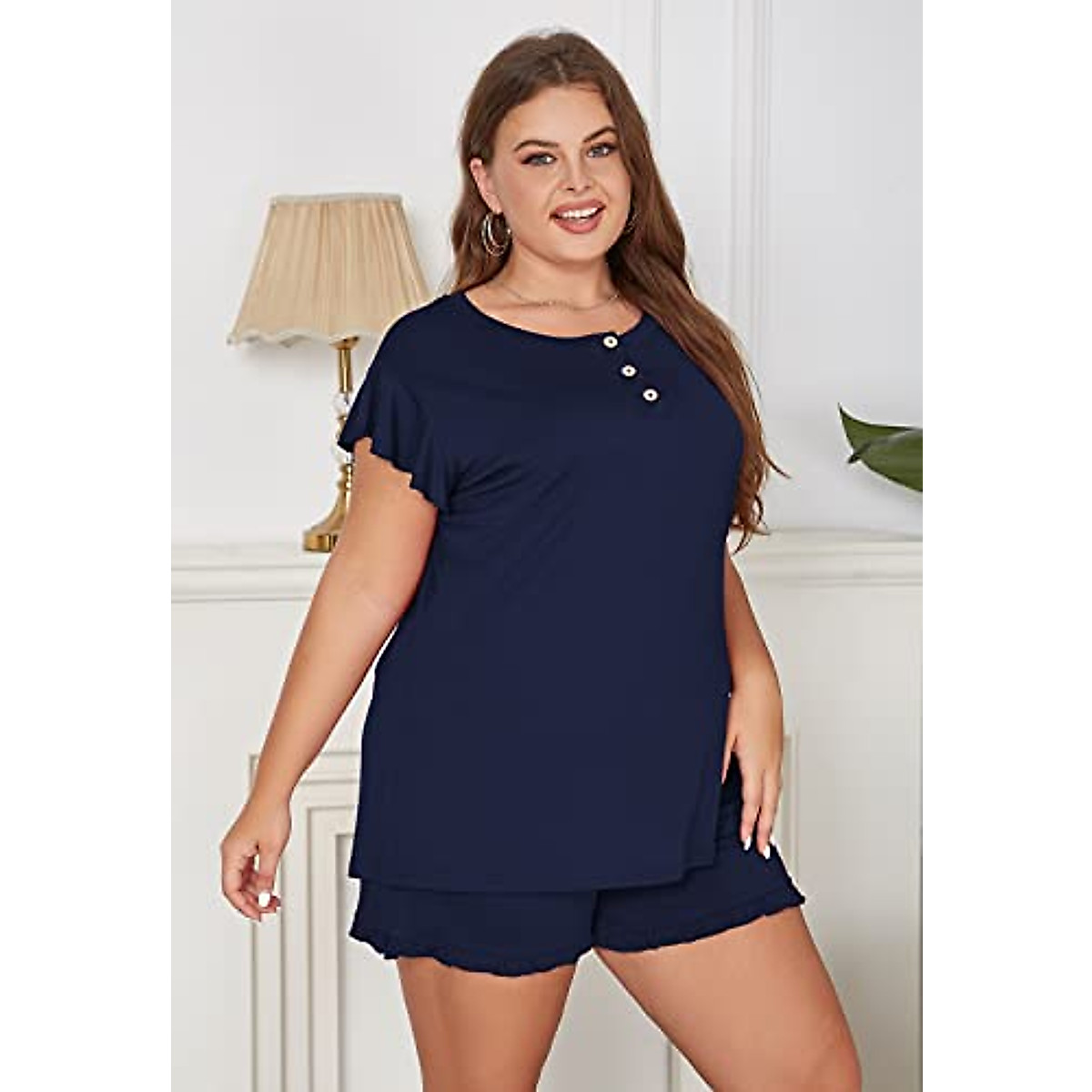 Celkuser Womens Plus Size Cute Short Pajama Set Ruffle Sleeve Button Sleepwear Soft PJs with Pocket CEL1002(cel1002,5XL,Navy)