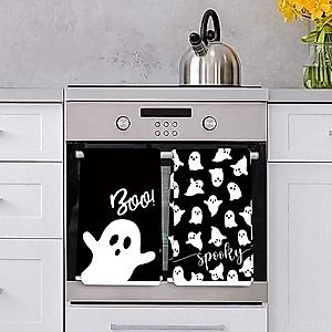 AnyDesign Halloween Kitchen Towel 18 x 28 Inch Black White Ghost Dishcloth Scary Hand Drying Tea Towel for Halloween Baking Cooking Home Kitchen Decor Housewarming Gift, 2Pcs