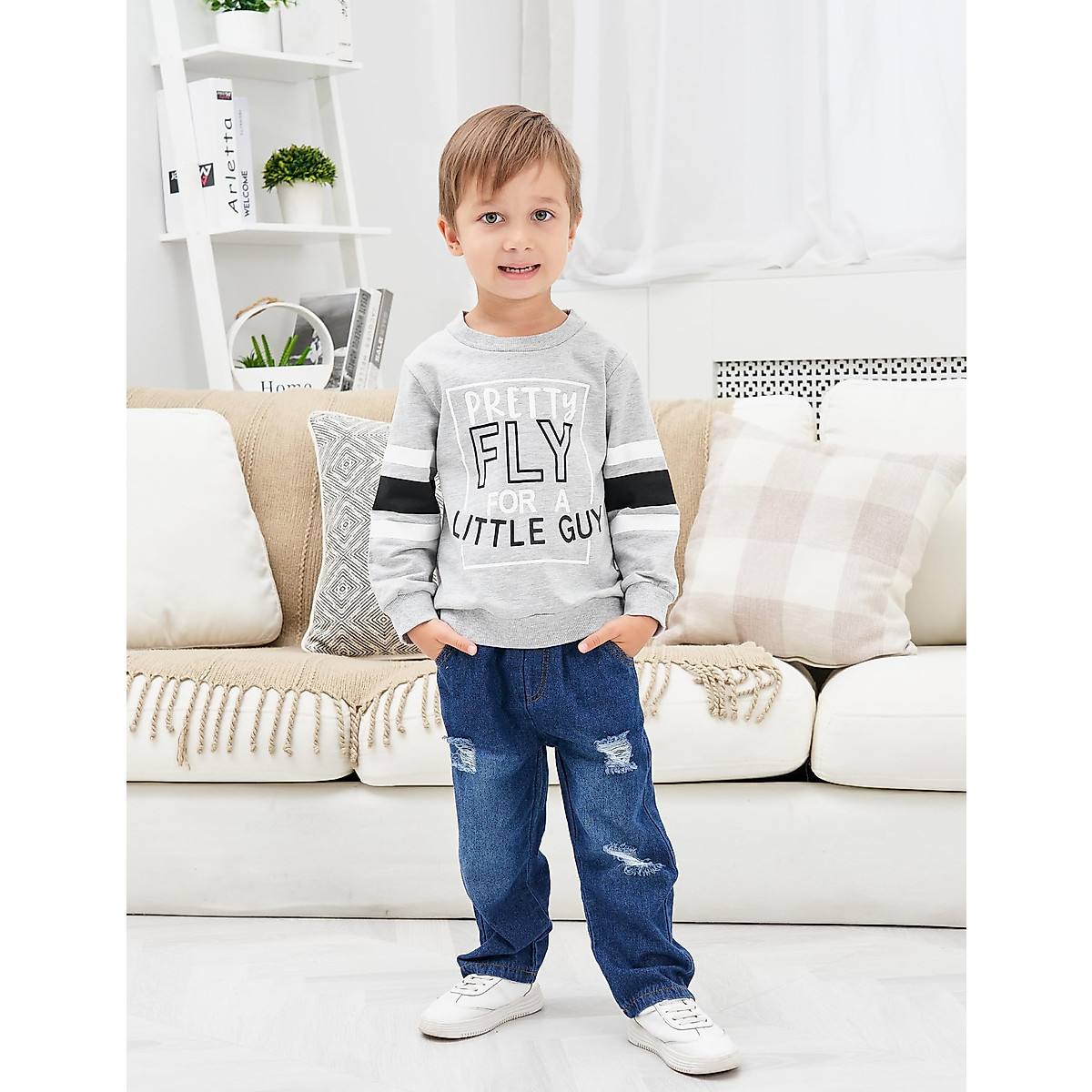 oklady Boy Clothes 5T 6T Long Sleeve Letter Sweatshirts Top and Ripped Jeans Pants Toddler Boys Fall Winter Outfits