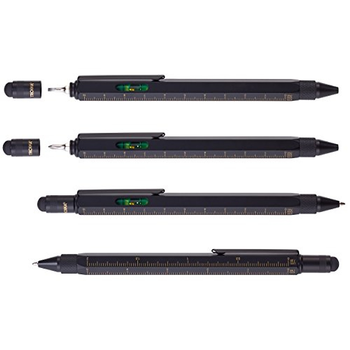 Troika CONSTRUCTION Multitasking Ballpoint Pen - PIP20/BG - Black/Gold - Centimetre and Inch Ruler - 1:20 m and 1:50 m Scale - Spirit Level - Slotted and Phillips Screwdriver - Stylus