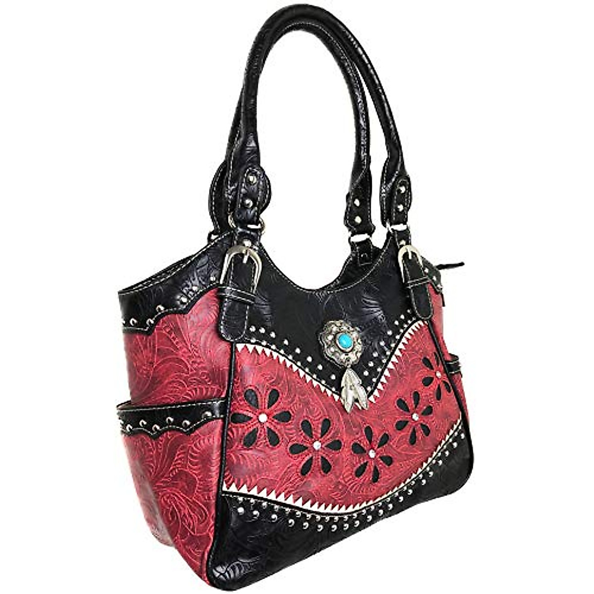 Justin West Turquoise Stone Concho Feathers Western Tooled Studs Concealed Carry Handbag Purse (Red Tote Only)