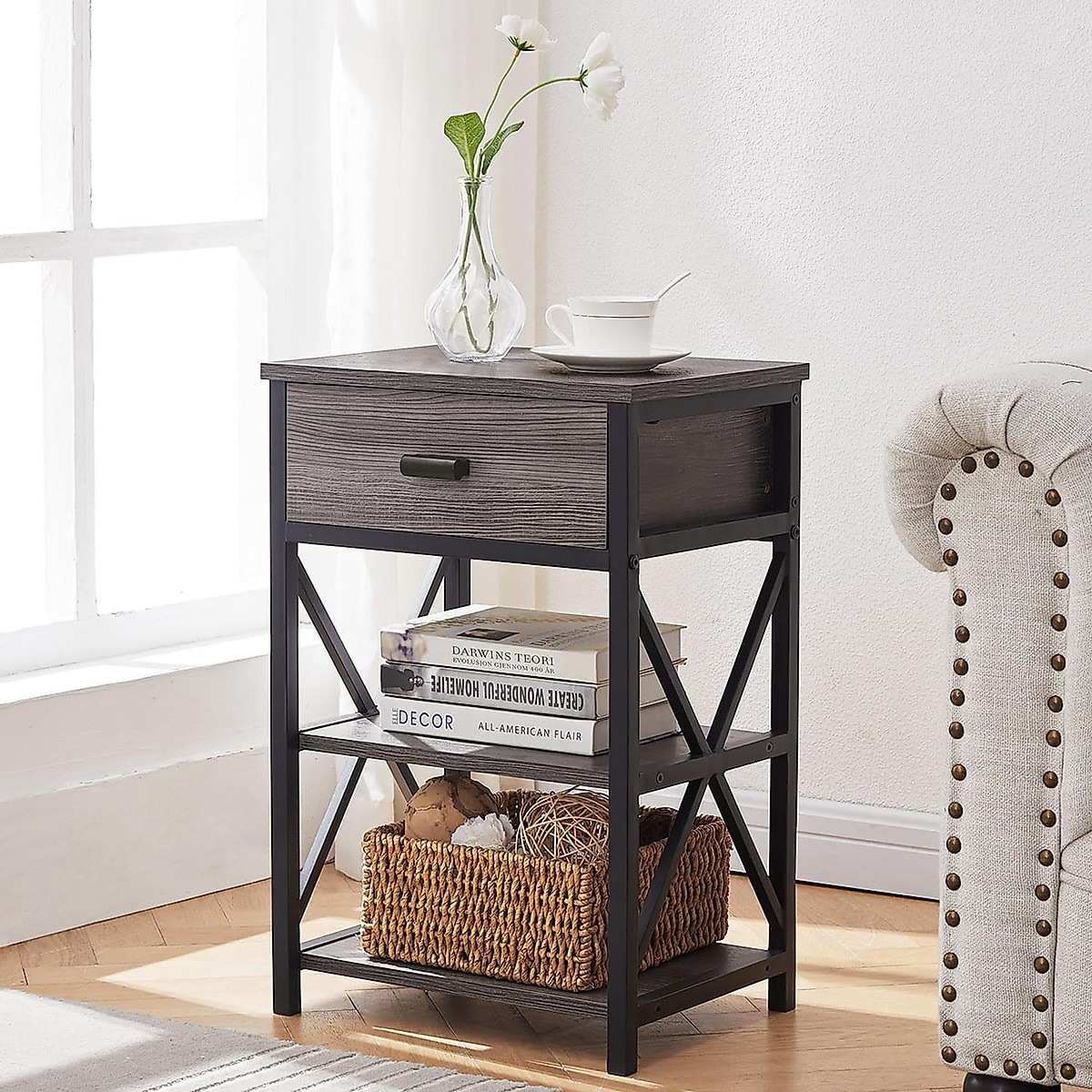 LVB Industrial Entryway Table and Nightstand Set of 2 for Home Living Room,Dark Grey