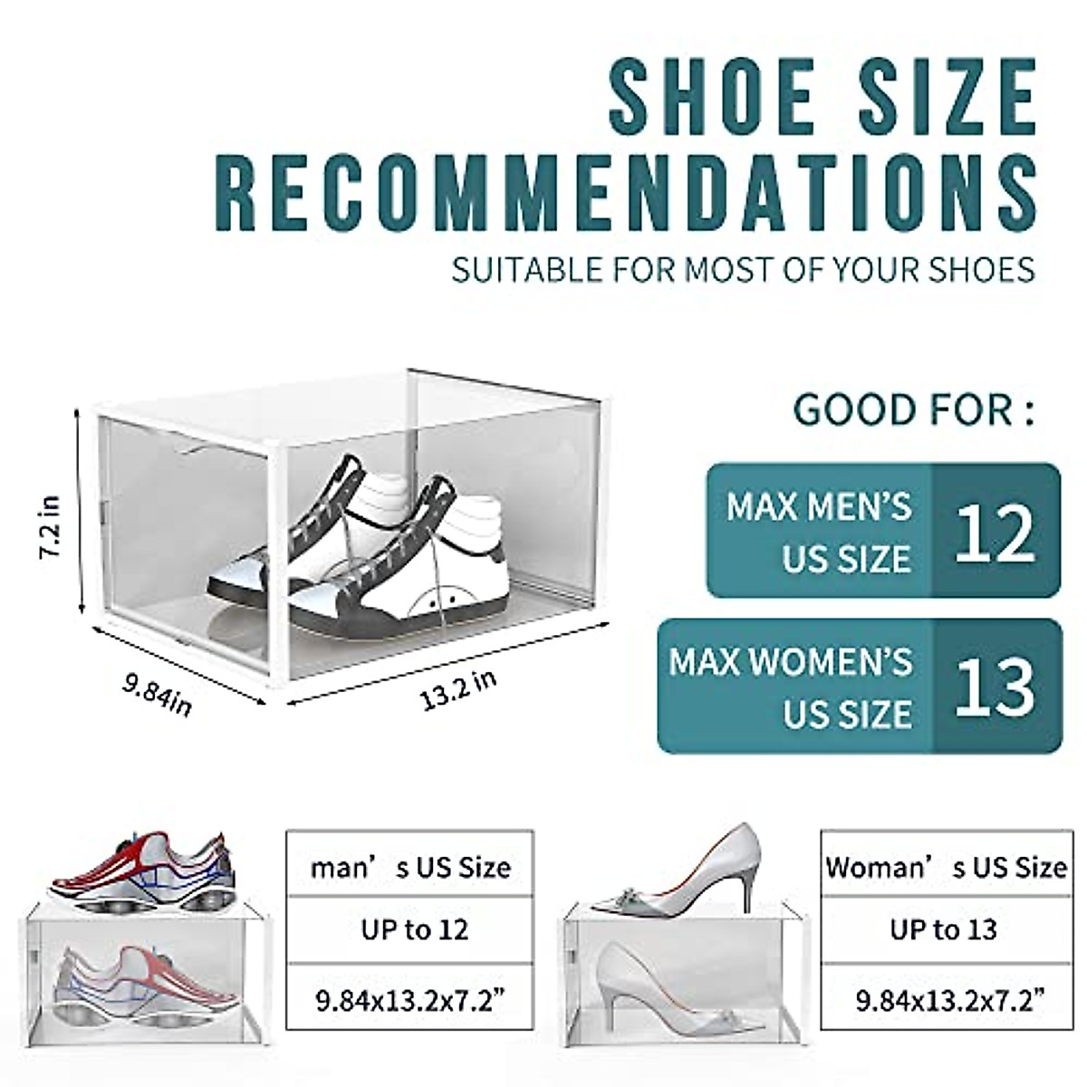 WAYTRIM Clear Plastic Shoe Storage Boxes, Foldable 18 Pack Stackable Shoe Organizer for Closet, Drop Front Door Sturdy Sneaker Containers for Women’s Size 14 - Large