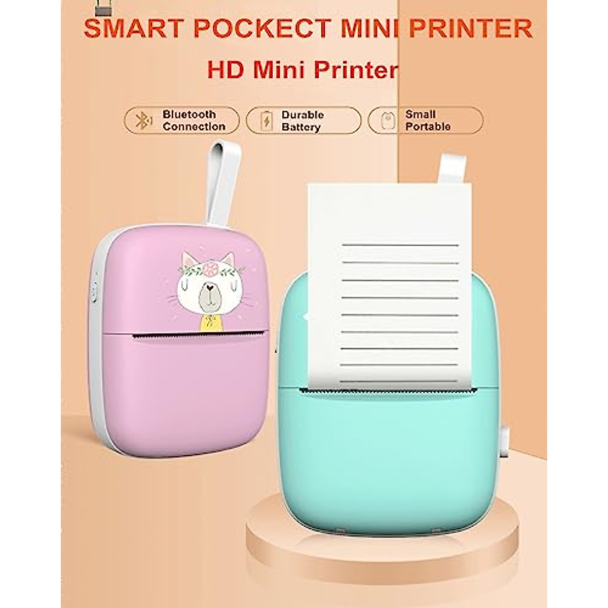Mini Printer Portable, Pocket Thermal Printer with 5 Rolls Paper Compatible with iOS Android, Bluetooth Wireless Smart Printer for Learning Assistance, Study Notes, Work, Fun, Label List Note