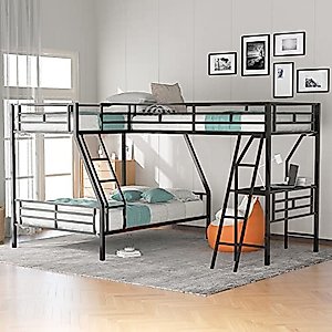 Merax Metal L-Shaped Bunk Bed with a Loft Attached, Triple Bedframe with Desk, Guardrails, and Ladders, Twin Over Full, Black