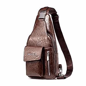 FANDARE Retro Sling Chest Bag Lightweight Shoulder Crossbody Backpack Men Business Casual Daypacks for Outdoor Travel Work Hiking Running Indoor Activities Waterproof PU Leather Dark Brown