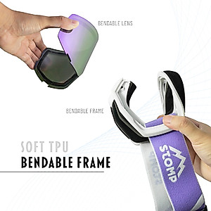 STOMP Ski/Snowboarding Goggles 100% UV400 Protection Replaceable Lens/Straps Goggle for Men, Women & Youth (White Frame/Purple Lens VLT 12%)