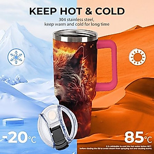 Fire Wolfs 40 Oz Car Cup Stainless Steel Travel Mug Leak-Proof Insulated Tumbler with Handle Light Rose Red-style