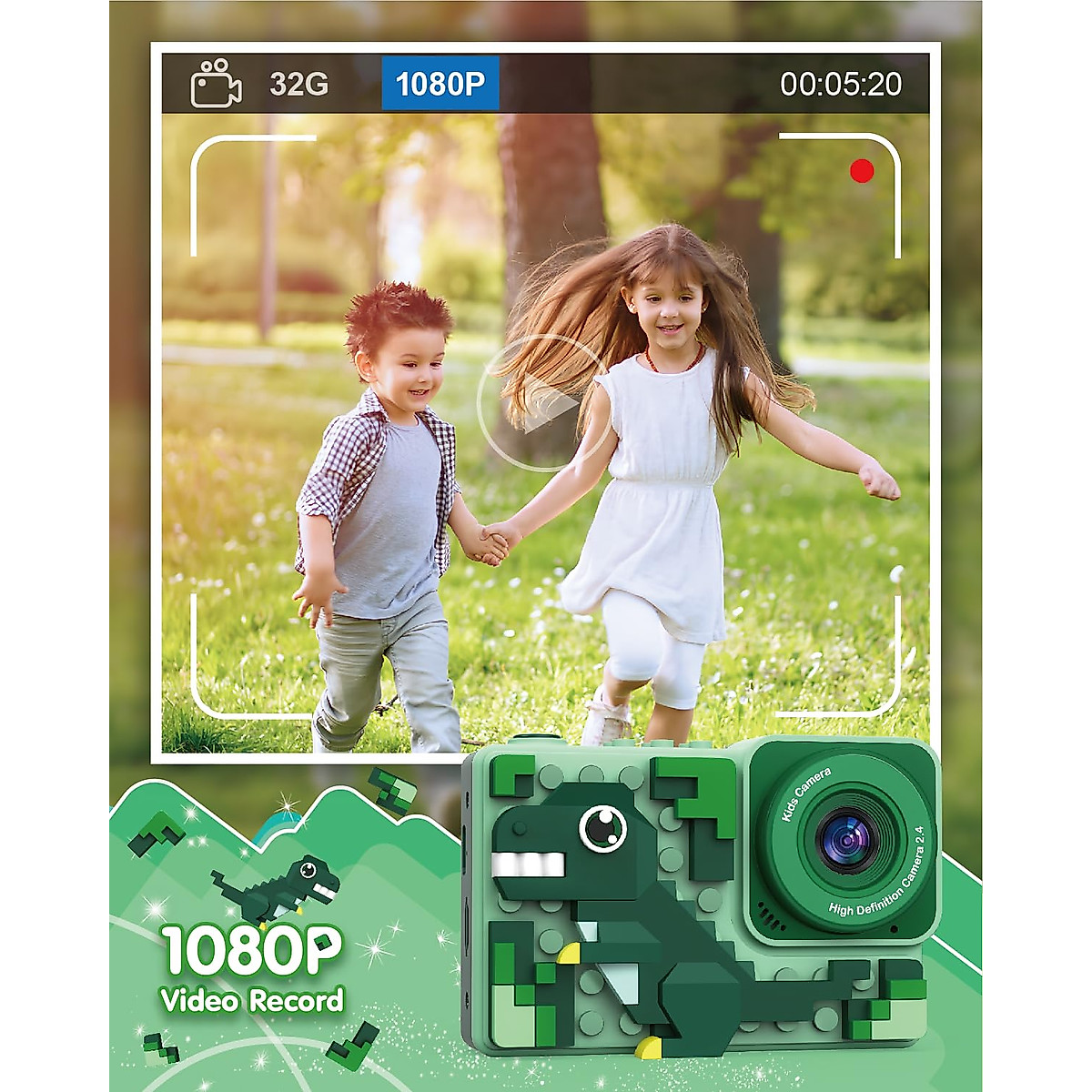 Kids Dinosaur Digital Camera Toys: Kizeefun 3-12 Year Old Boys Girls Christmas Birthday Gifts, Mini HD Selfie Video Baby Camera for 3 4 5 6 7 8 9 Toddler Children with 32GB Card