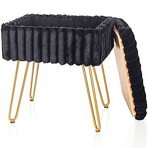 AKOZLIN Velvet Storage Ottoman Seat Modern Soft Vanity Stool Chair with 4 Gold Metal Legs for Makeup,Drawing,Living Room-Black 16.5" W x 13.4" D x 19.3" H